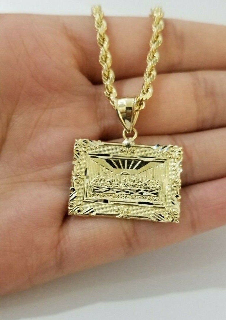 Real 10k Yellow Gold Rope Chain Last Supper Charm Pendant Set - Etsy