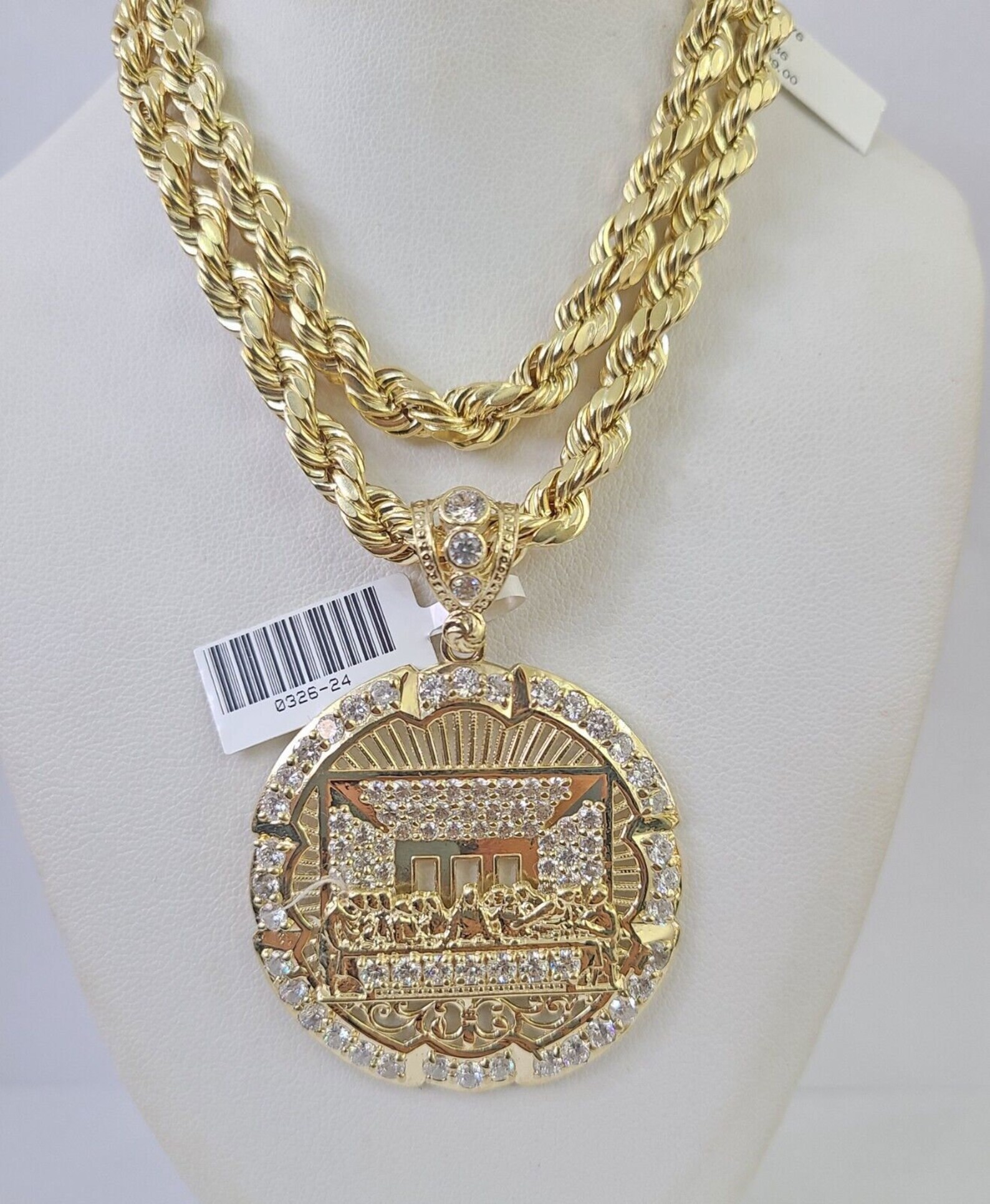 10k Yellow Gold Rope Chain Last Supper Charm Pendant 18-30'' Inch 7mm ...