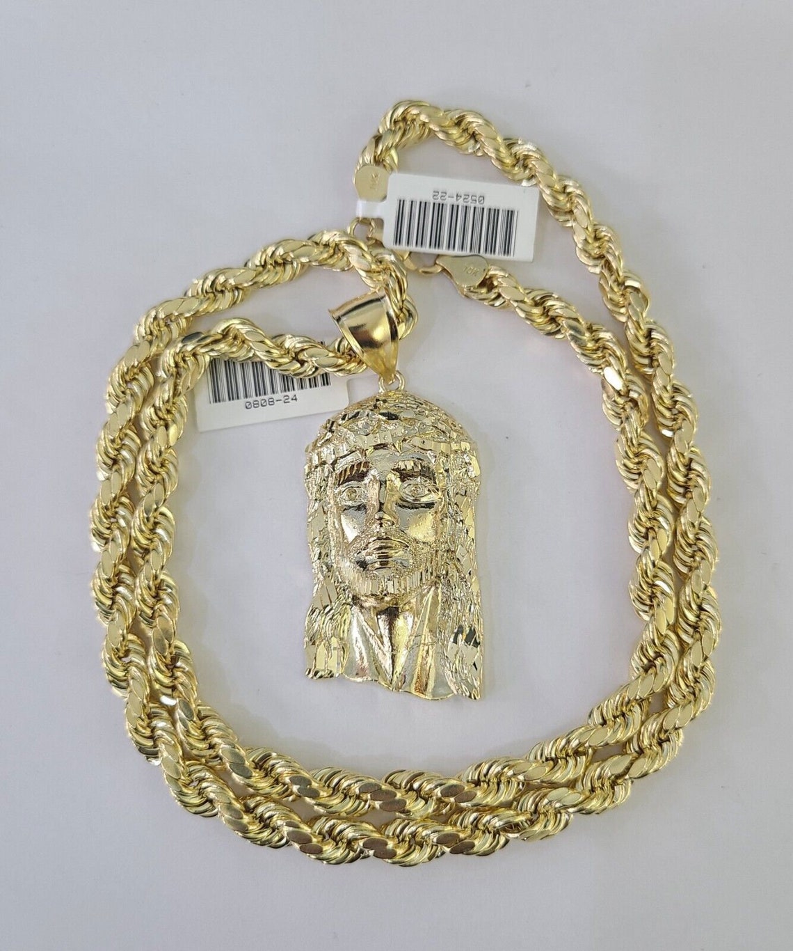 10k Yellow Gold Rope Chain Jesus Head Charm Pendant 18-30'' Inch 7mm ...