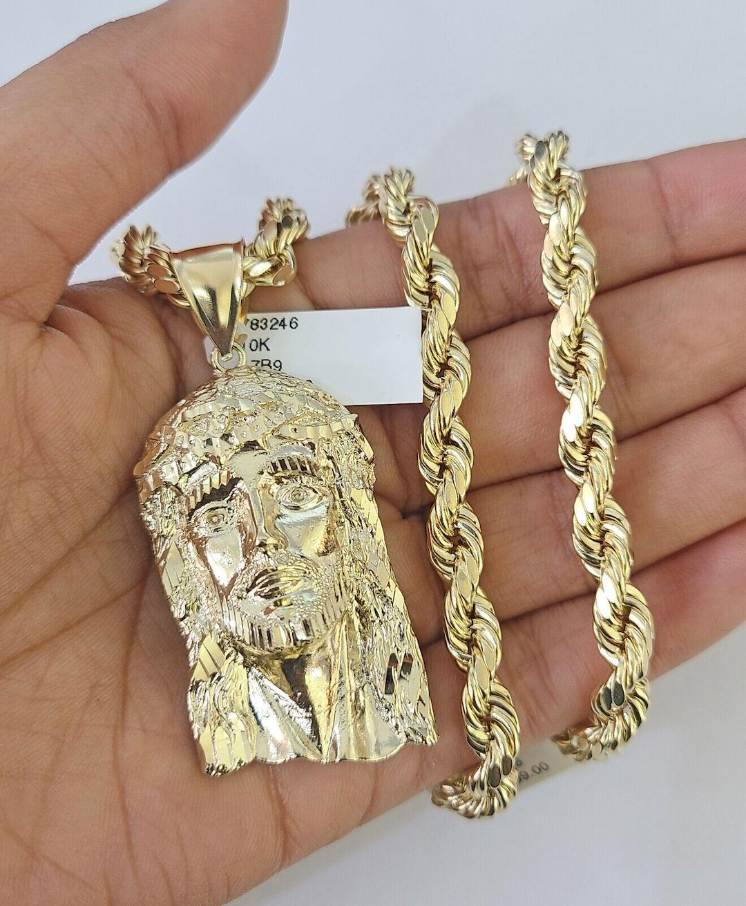 10kt Yellow Gold Rope Chain Jesus Head Charm Pendant 18 Inches 7mm ...