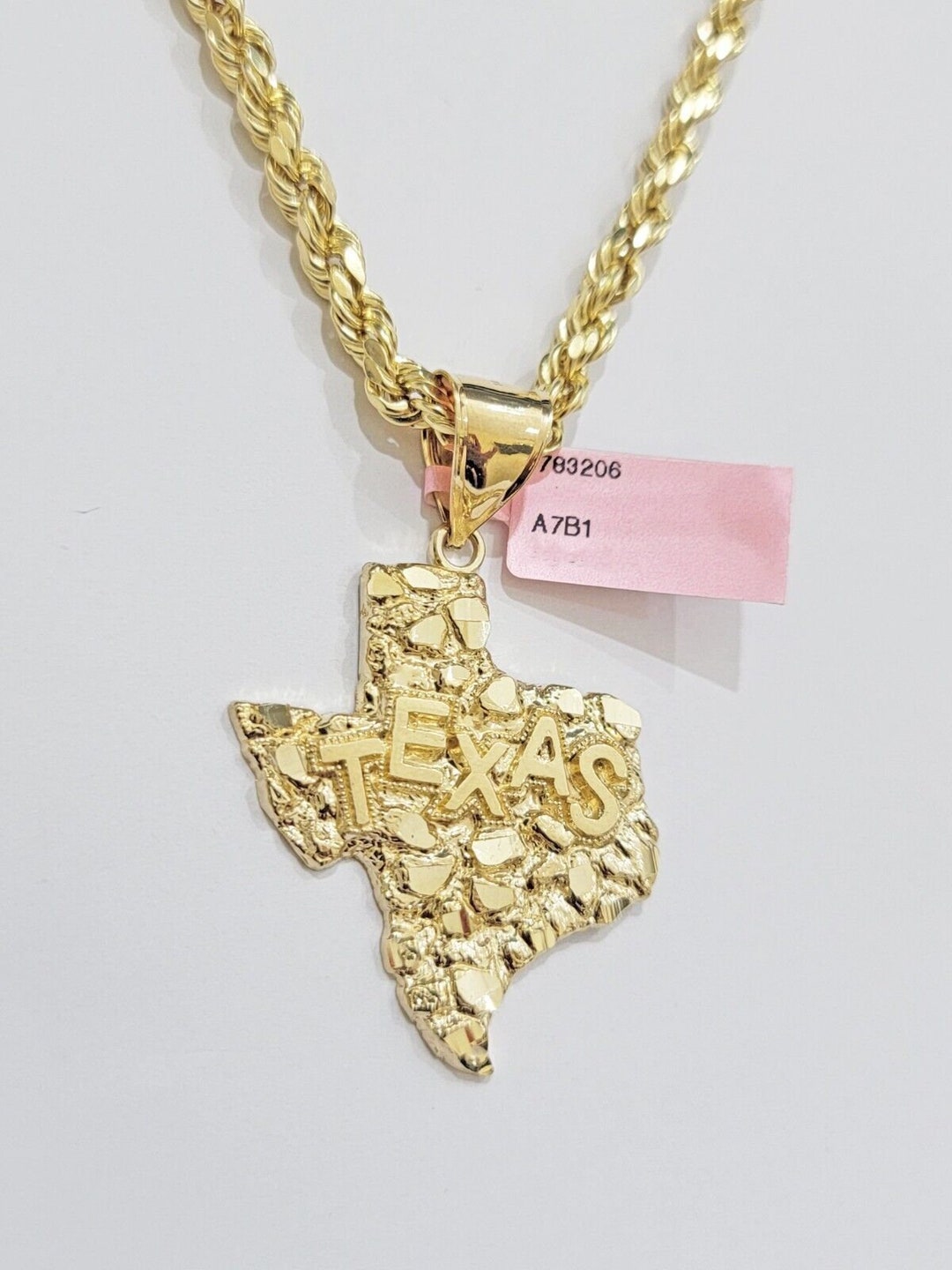 14k Gold Rope Chain and Nugget Texas Map Charm Pendant & 20 Inch ...