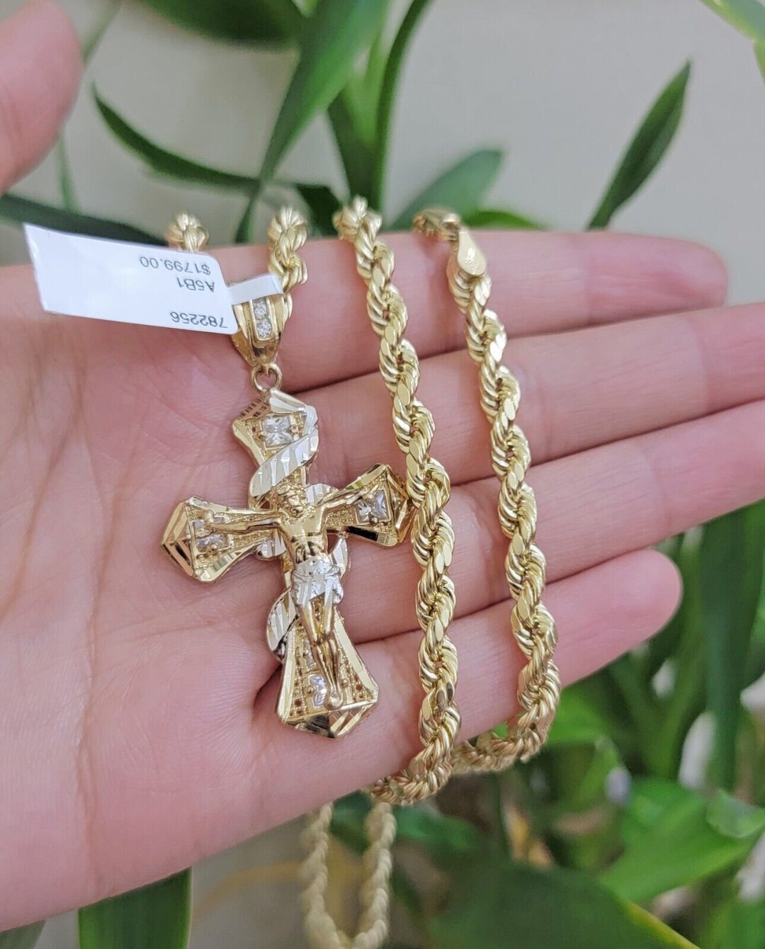 10k Gold Rope Chain Cross Charm Set Necklace 22" Inch 5mm Jesus Pendant ...