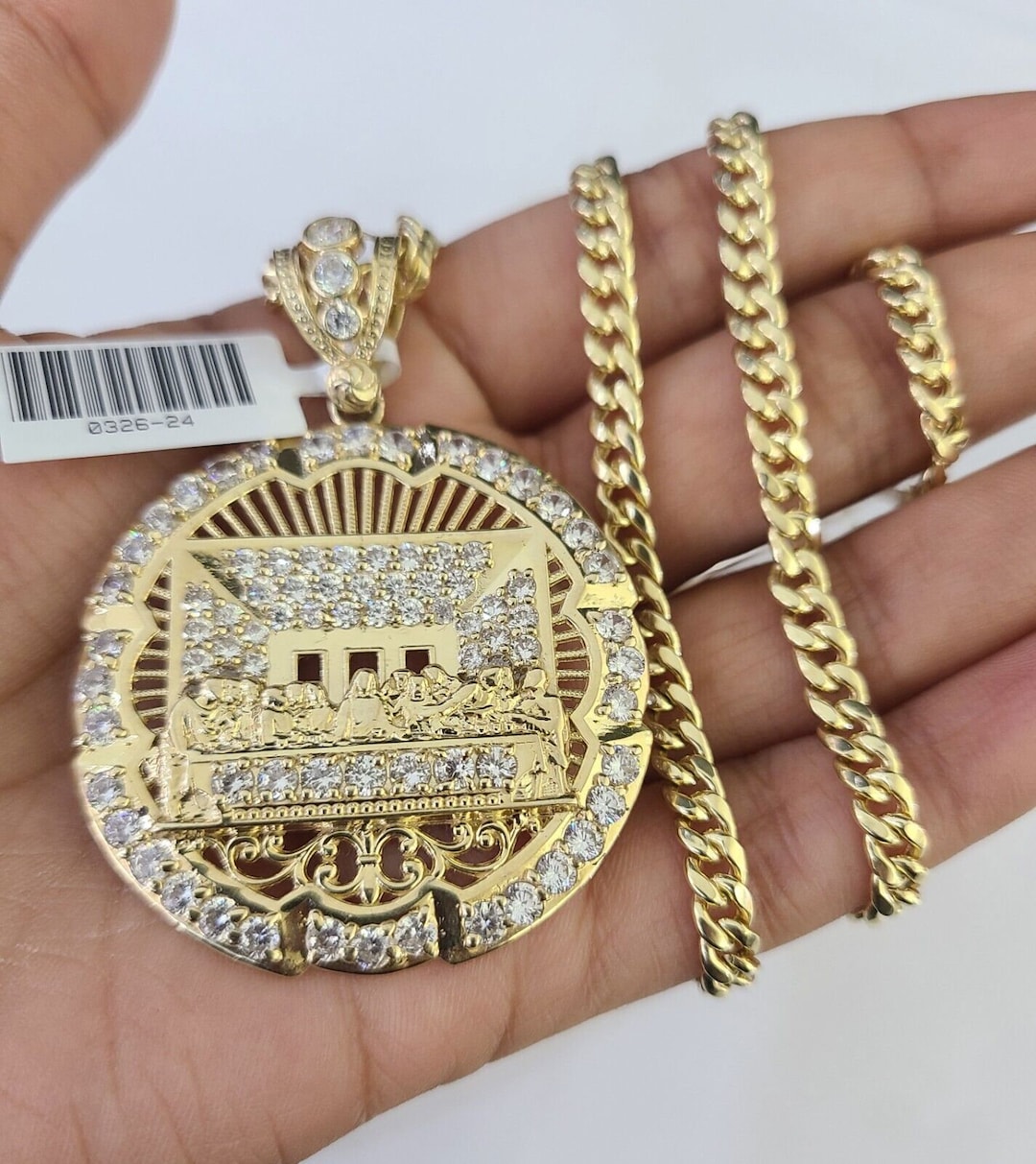 10k Gold Chain Last Supper Pendant Set Miami Cuban Link Necklace 5mm 20 ...