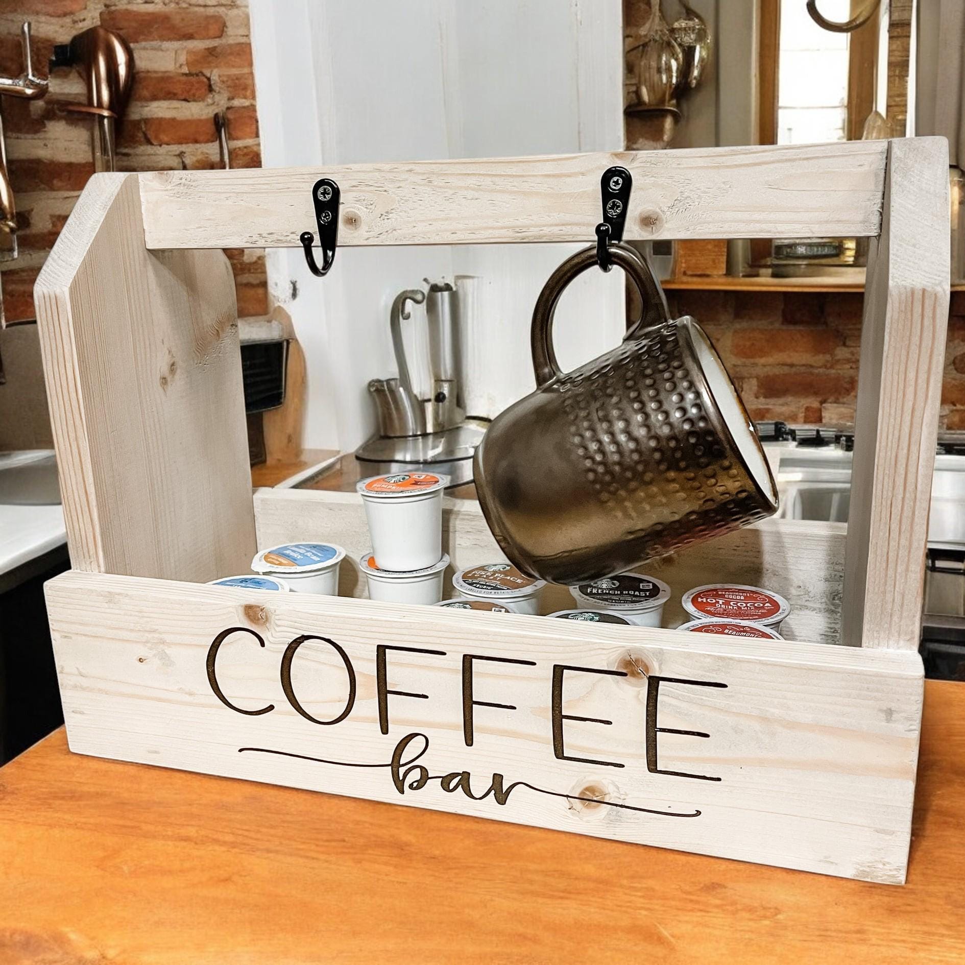Rustic Farmhouse Coffee Bar / Organizer – Wooden Coffee Station With ...