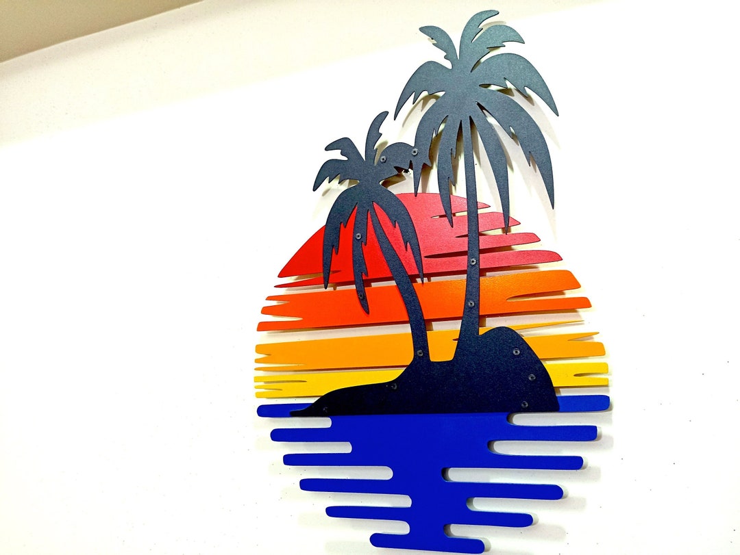 3D Colorful Sunset Metal Wall Art, Multicolor Palm Tree Metal Wall ...
