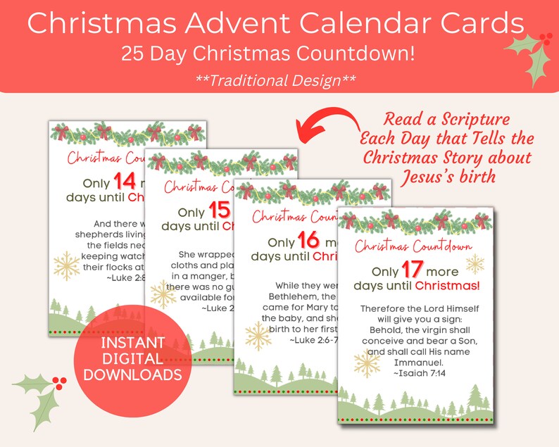 25 Days of Advent Calendar Christmas Countdown Bible Verse Cards ...