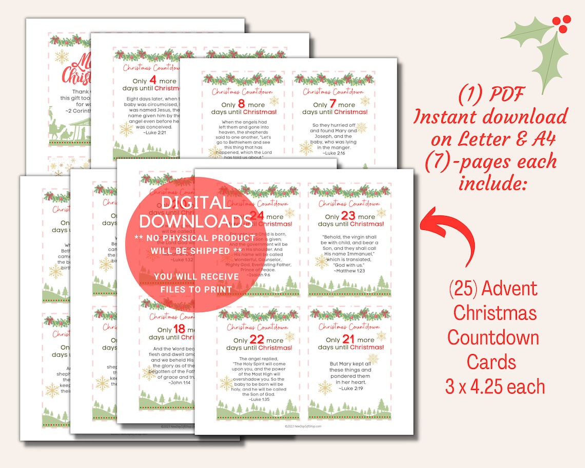 25 Days of Advent Calendar Christmas Countdown Bible Verse Cards ...