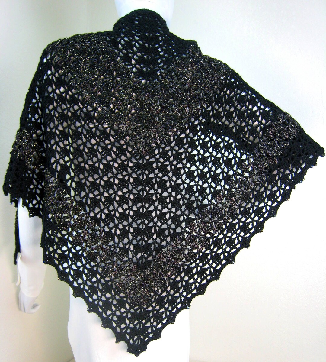 Lacy Black With Gold Glitter Shawl-scarf, Hand Crocheted Wool/silk ...
