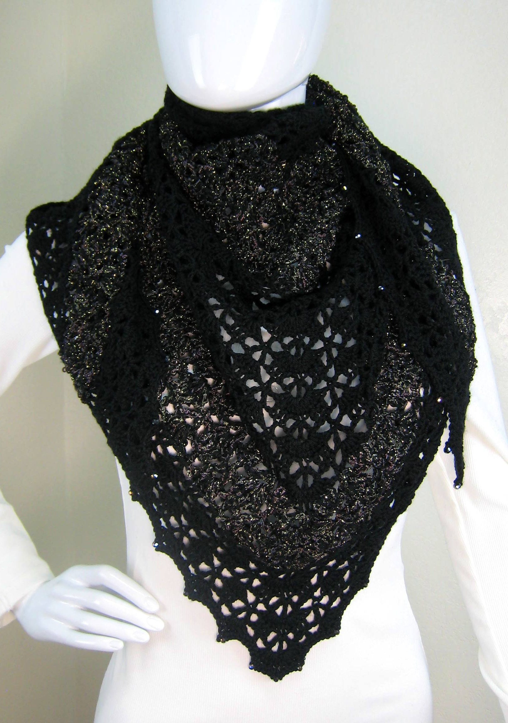 Lacy Black With Gold Glitter Shawl-scarf, Hand Crocheted Wool/silk ...