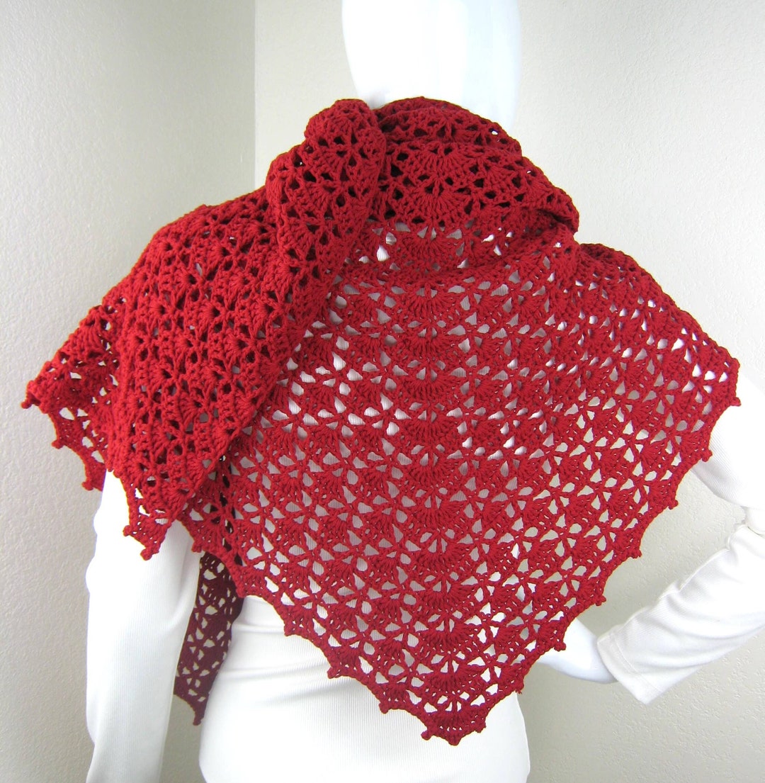 Large Red Lace Wool Shawl, Lovely Hand-crocheted Lacy Design, Drapes ...
