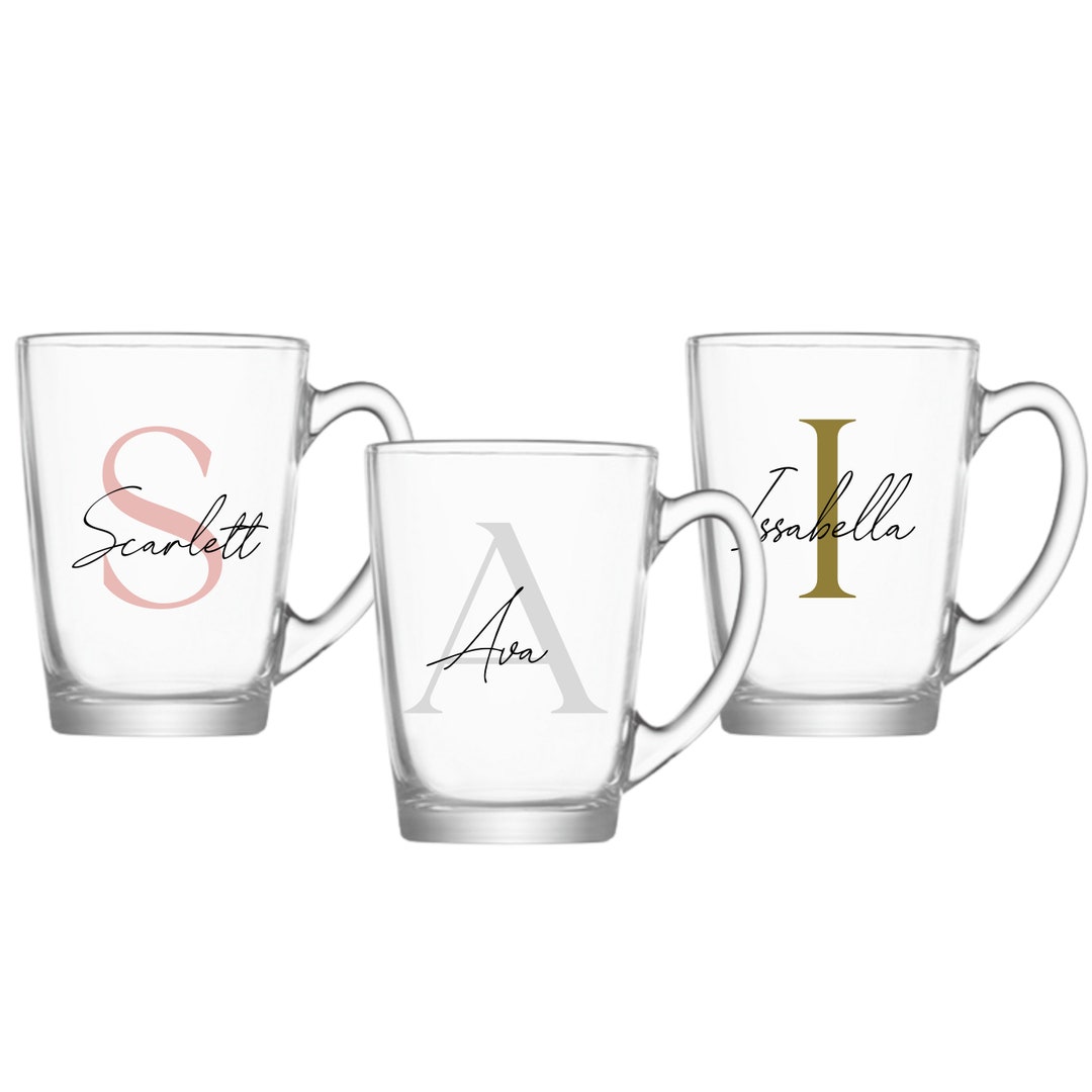 Personalised Glass Tea Mug — Classic Serif Initial or Age With Script ...