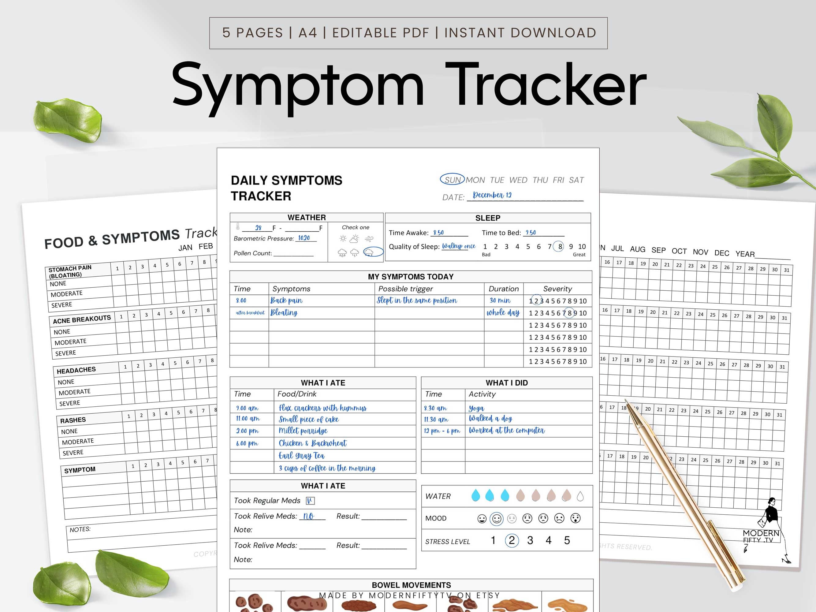 Monthly Printable Symptom Tracker; Food Intolerance, Allergy, IBS Diary ...