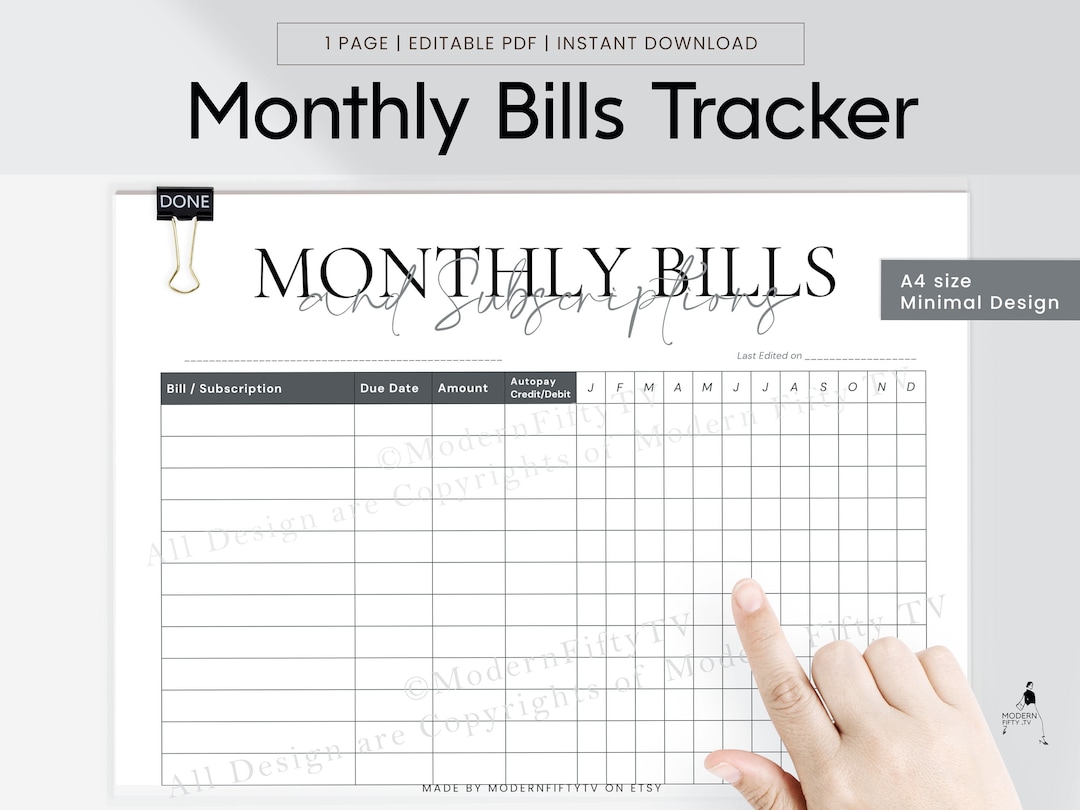 Printable Monthly Bill and Subscriptions Tracker, Bill Payment Tracker ...