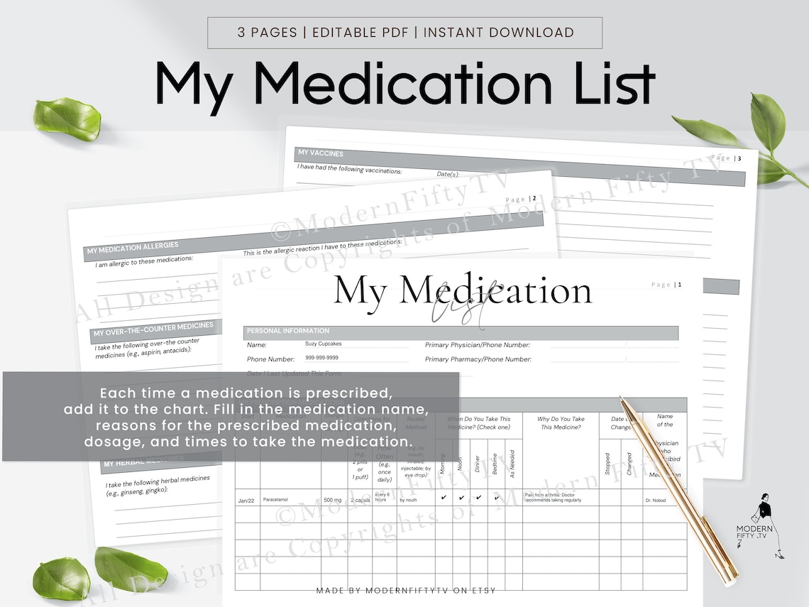 Printable Medication List, Daily Medication and Vitamin, Print at Home ...