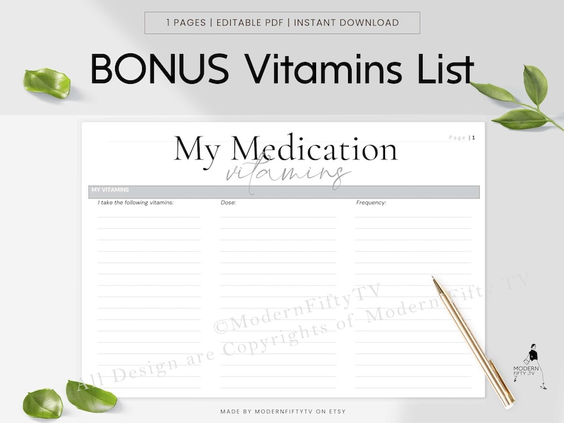Printable Medication List, Daily Medication and Vitamin, Print at Home ...