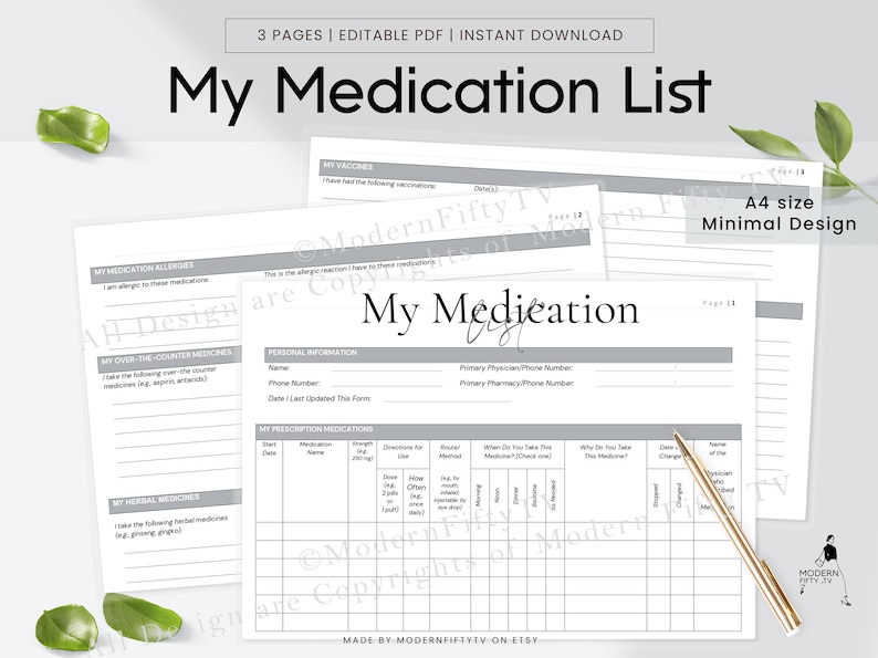 Printable Medication List, Daily Medication and Vitamin, Print at Home ...