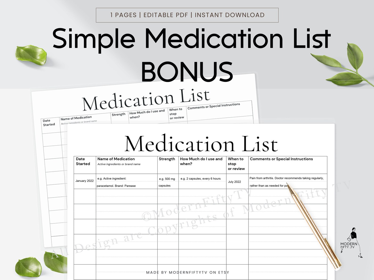 Printable Medication List, Daily Medication and Vitamin, Print at Home ...