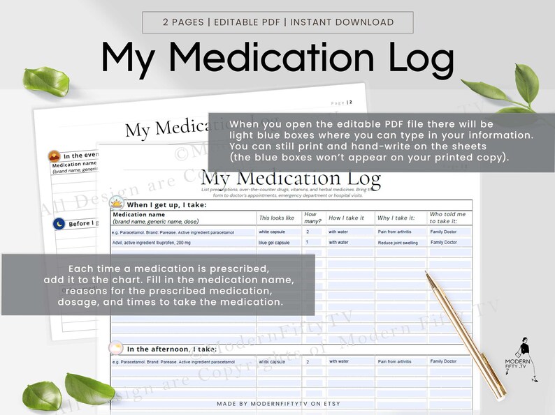 Printable Medication Log Sheet, Daily Medication and Vitamin, Print at ...