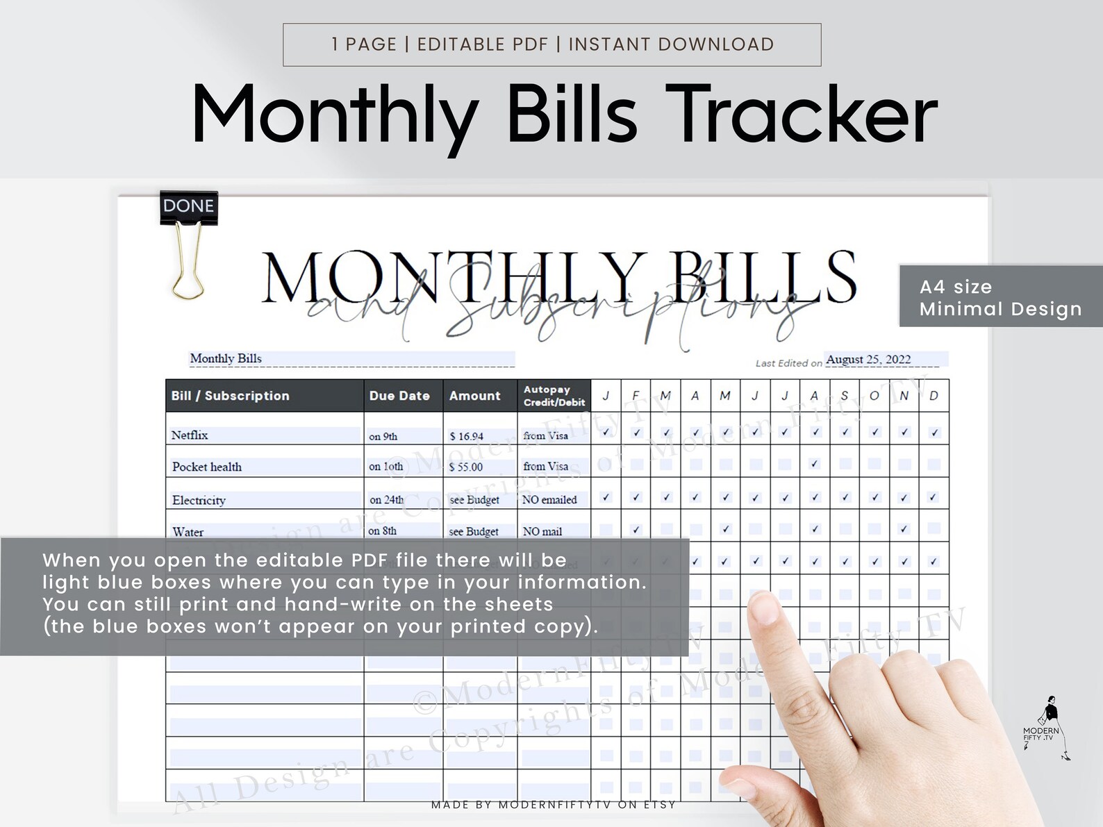 Printable Monthly Bill and Subscriptions Tracker, Bill Payment Tracker ...