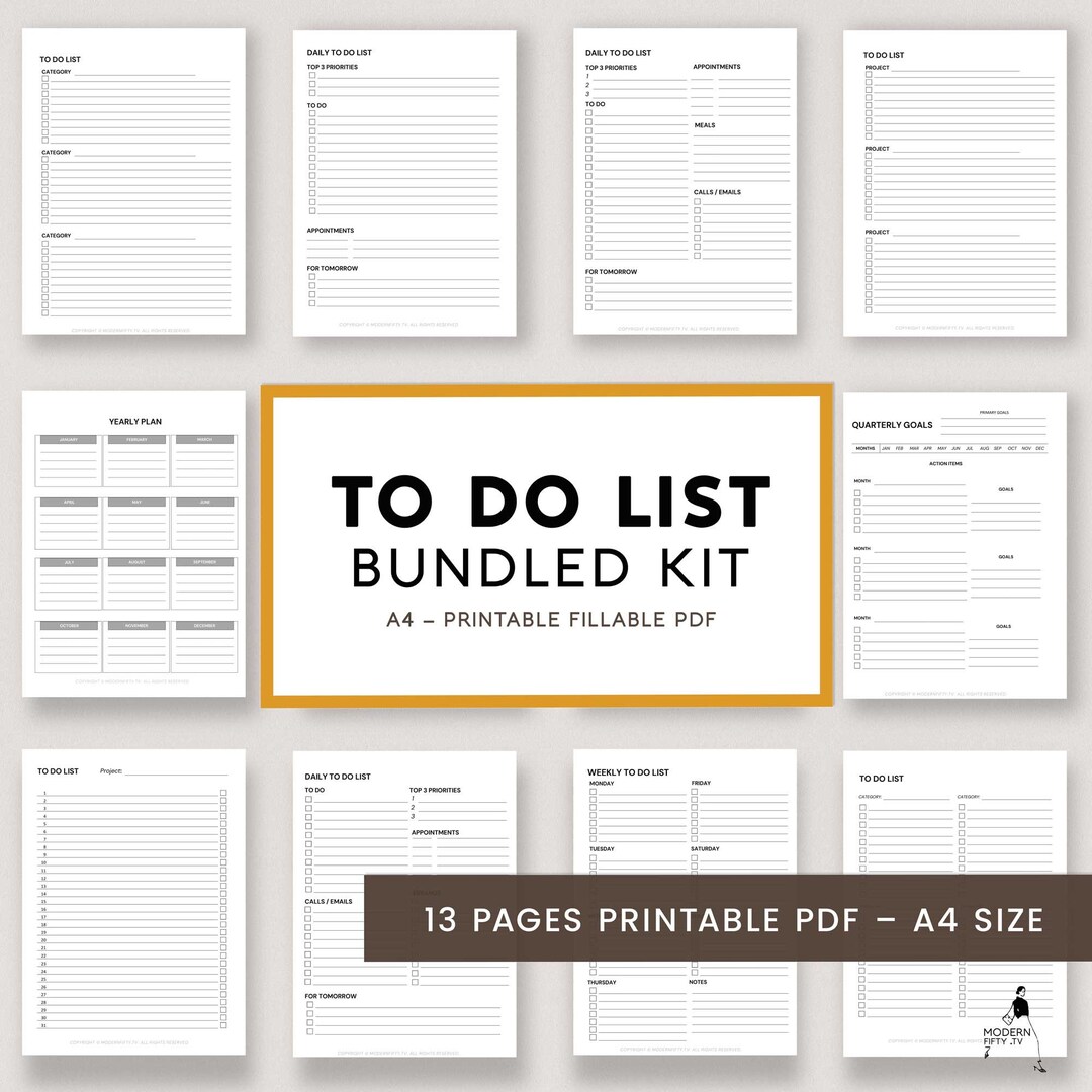 Minimal to Do List Bundled Kit (13 Documents) - Fillable - Task ...