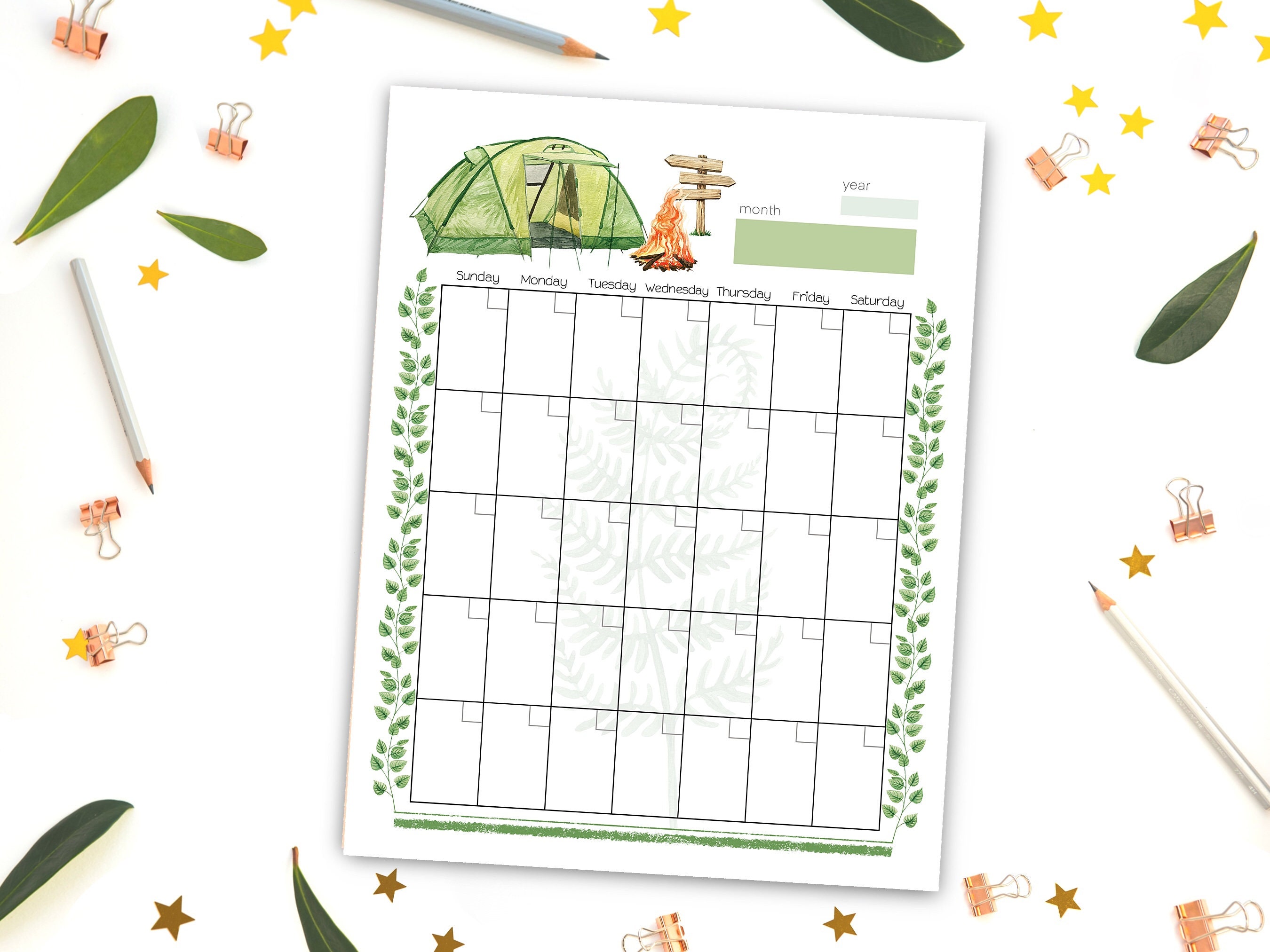 Camping Calendar Printable Outdoor Adventure Undated Calendar Desk ...