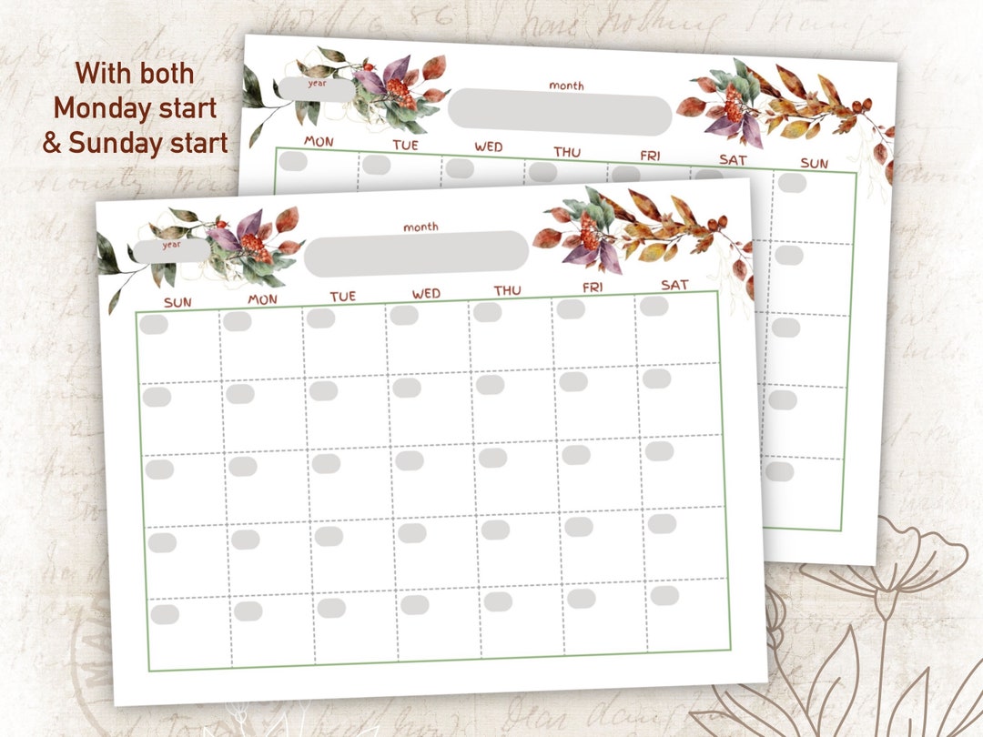 Fall Calendar Printable| Autumn Leaves| Undated Calendar| Wall Calendar ...