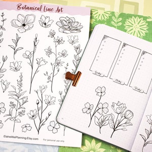 Botanical Line Art Black & White Sticker Printable Line Art Flower ...