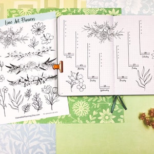 Line Art Flower Black & White Sticker Printable Botanical Line Art ...