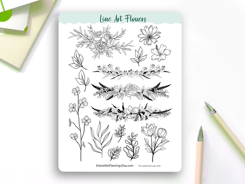 Line Art Flower Black & White Sticker Printable Botanical - Etsy