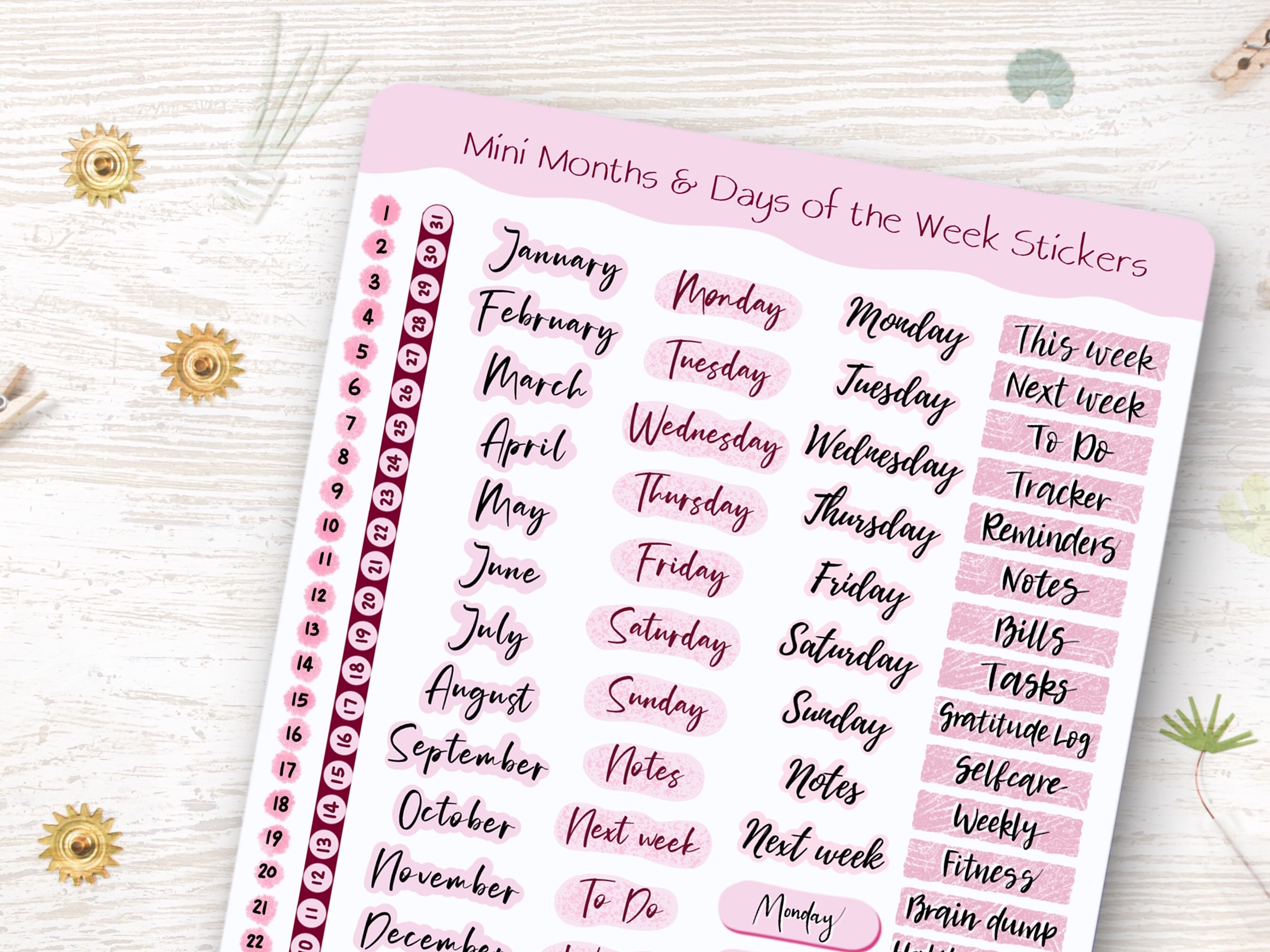 Pink Mini Months & Days of the Week Stickers Monthly - Etsy