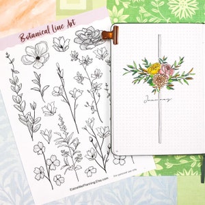 Botanical Line Art Black & White Sticker Printable Line Art Flower ...