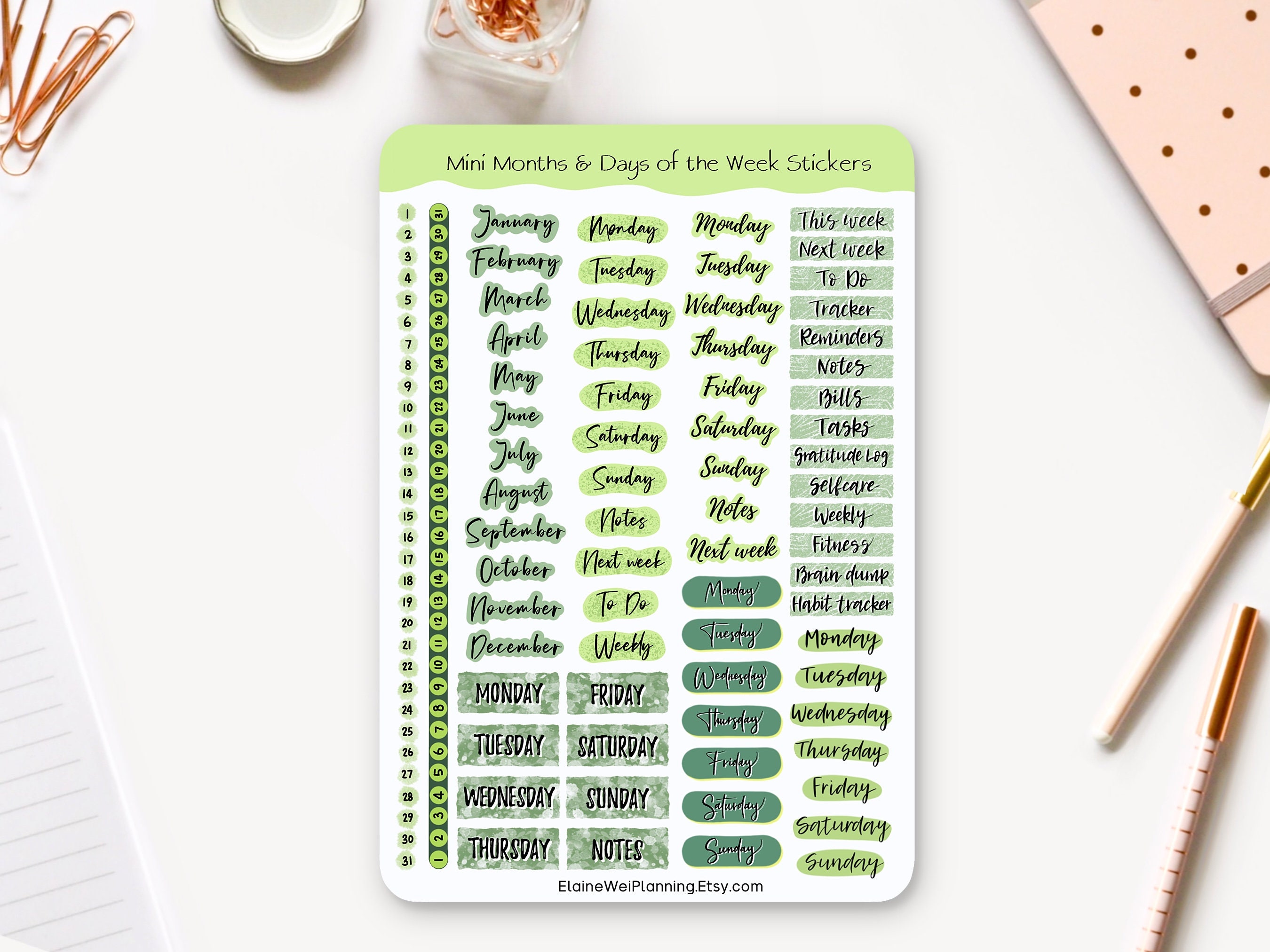 Mini Months & Days of the Week Stickers Green Monthly - Etsy