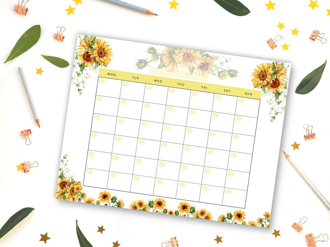 Sunflower Calendar Printable Undated Calendar Wall Calendar Printable ...