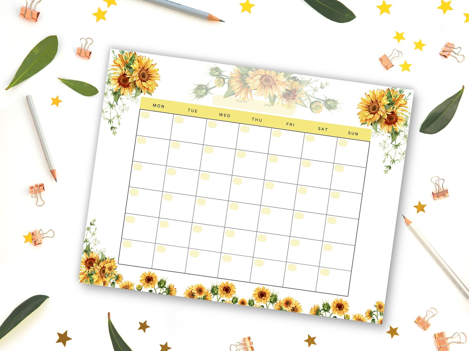 Sunflower Calendar Printable| Undated Calendar| Wall Calendar Printable ...