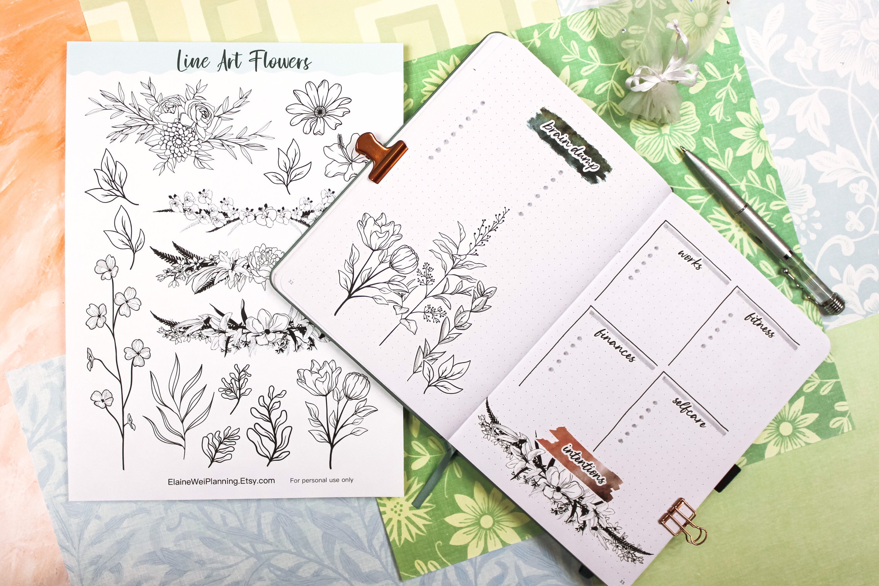 Line Art Flower Black & White Sticker Printable Botanical - Etsy