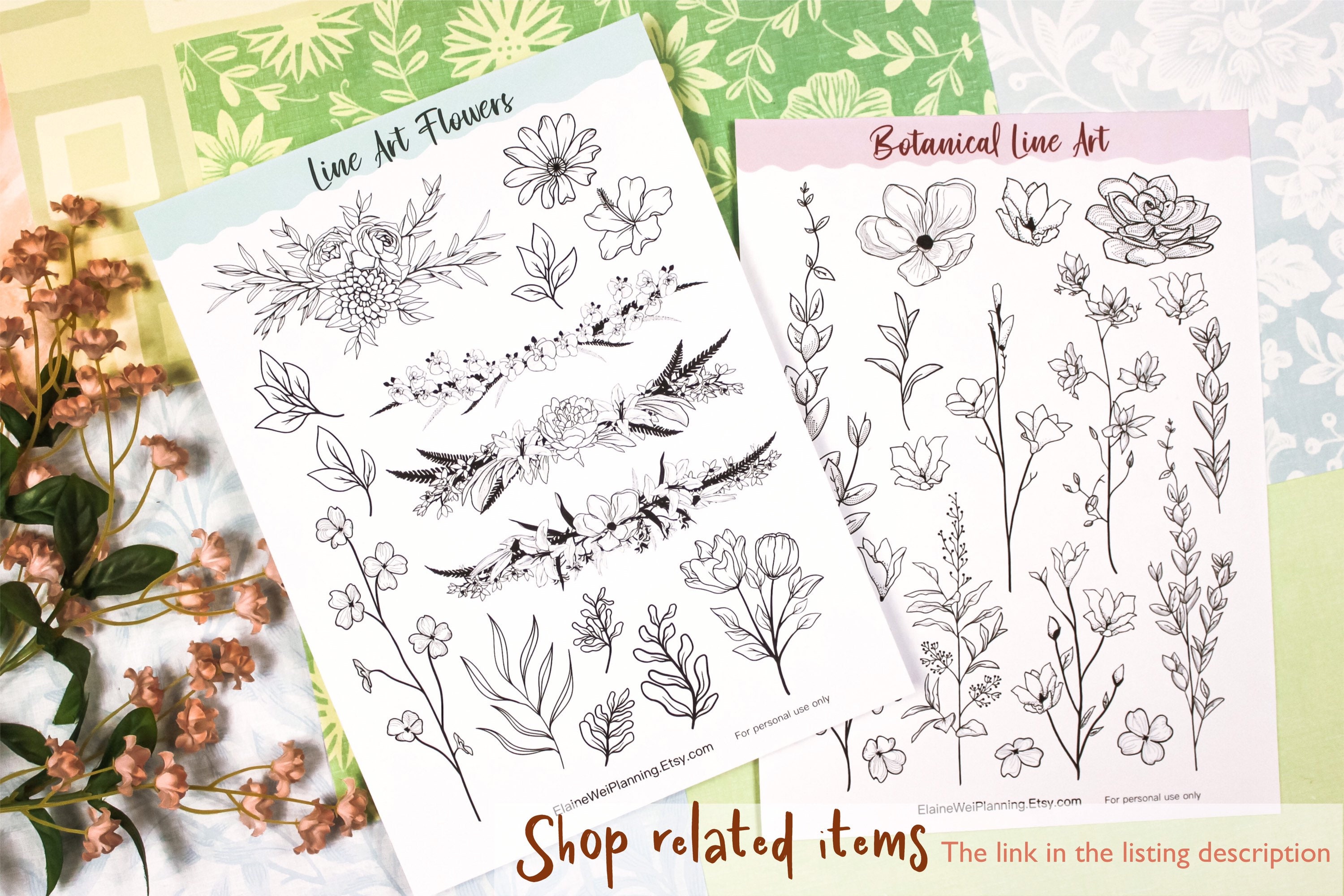 Line Art Flower Black & White Sticker Printable Botanical - Etsy