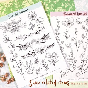 Botanical Line Art Black & White Sticker Printable Line Art Flower ...