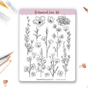 Botanical Line Art Black & White Sticker Printable Line Art Flower ...