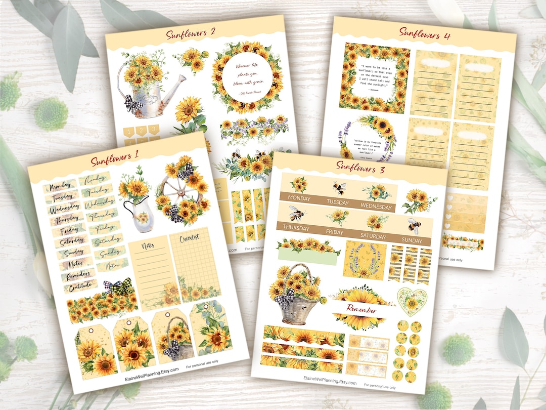 Sunflower Printable Sticker| 4 Sheets| Floral Stickers| Sunflower ...