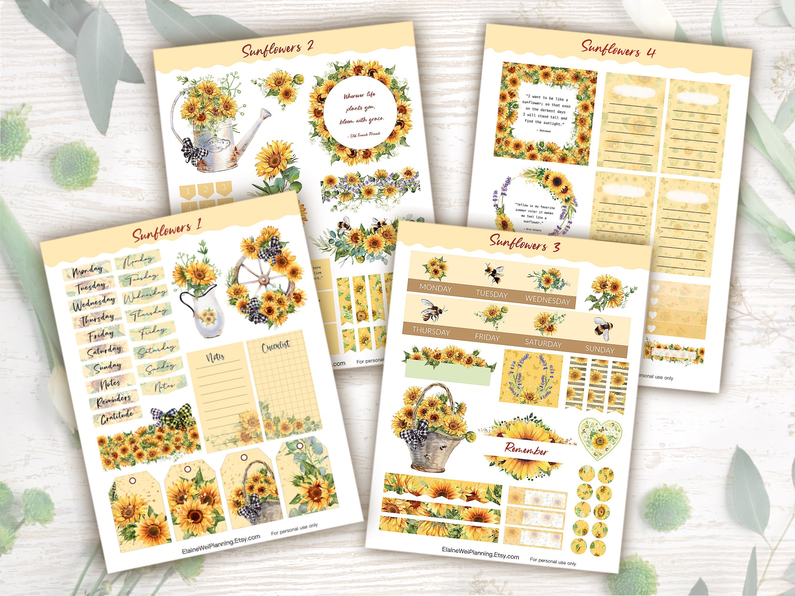 Sunflower Printable Sticker 4 Sheets Floral Stickers - Etsy