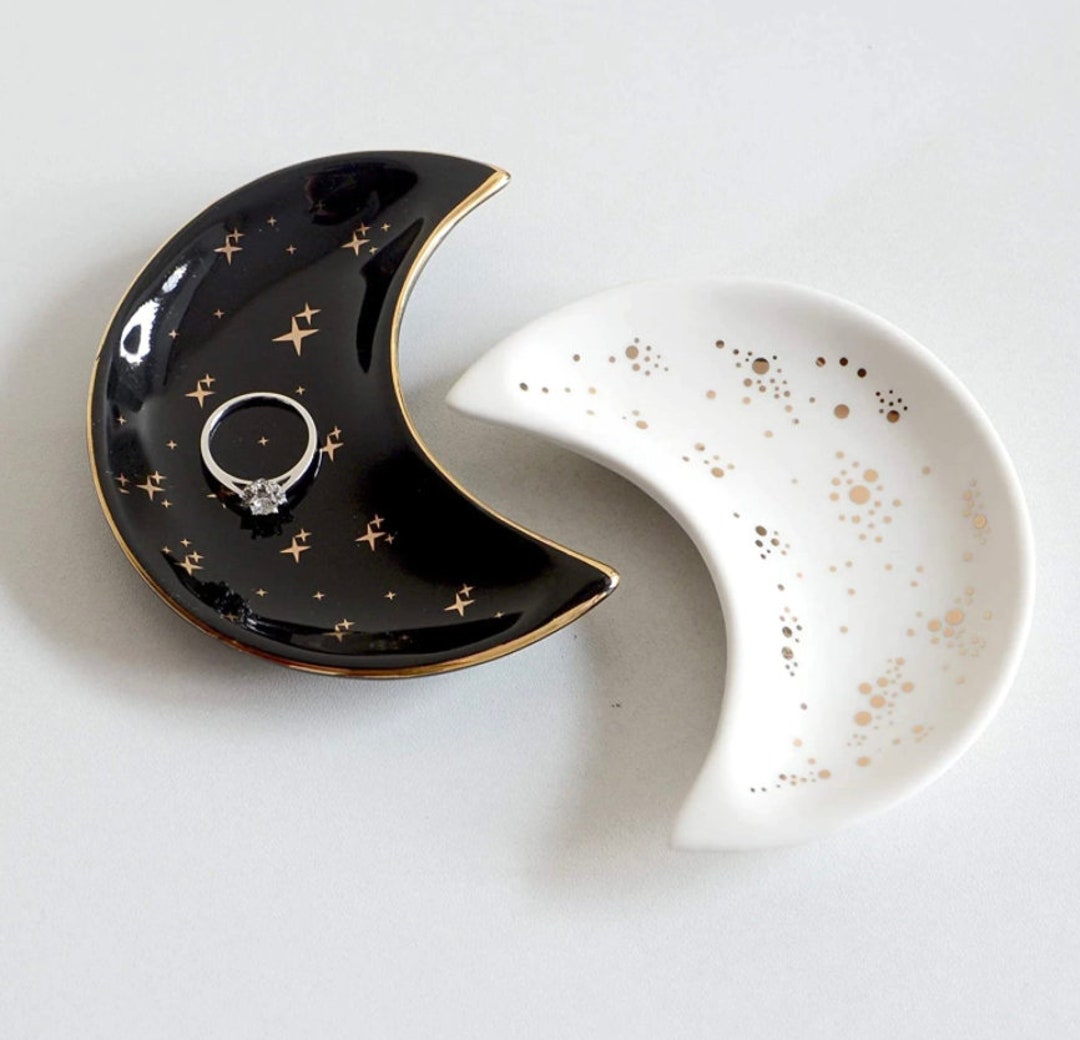 Ceramic Crescent Moon Shape Small Jewelry Dish Black, White, Blue - Etsy
