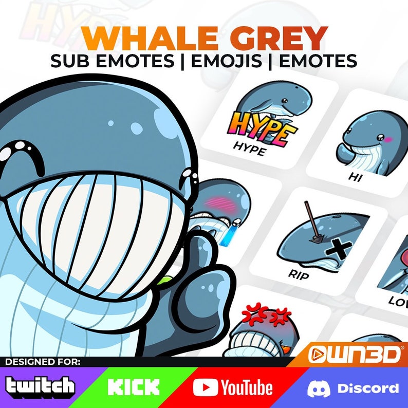 Whale Grey Emotes 8 Pack twitch Kick Youtube - Etsy