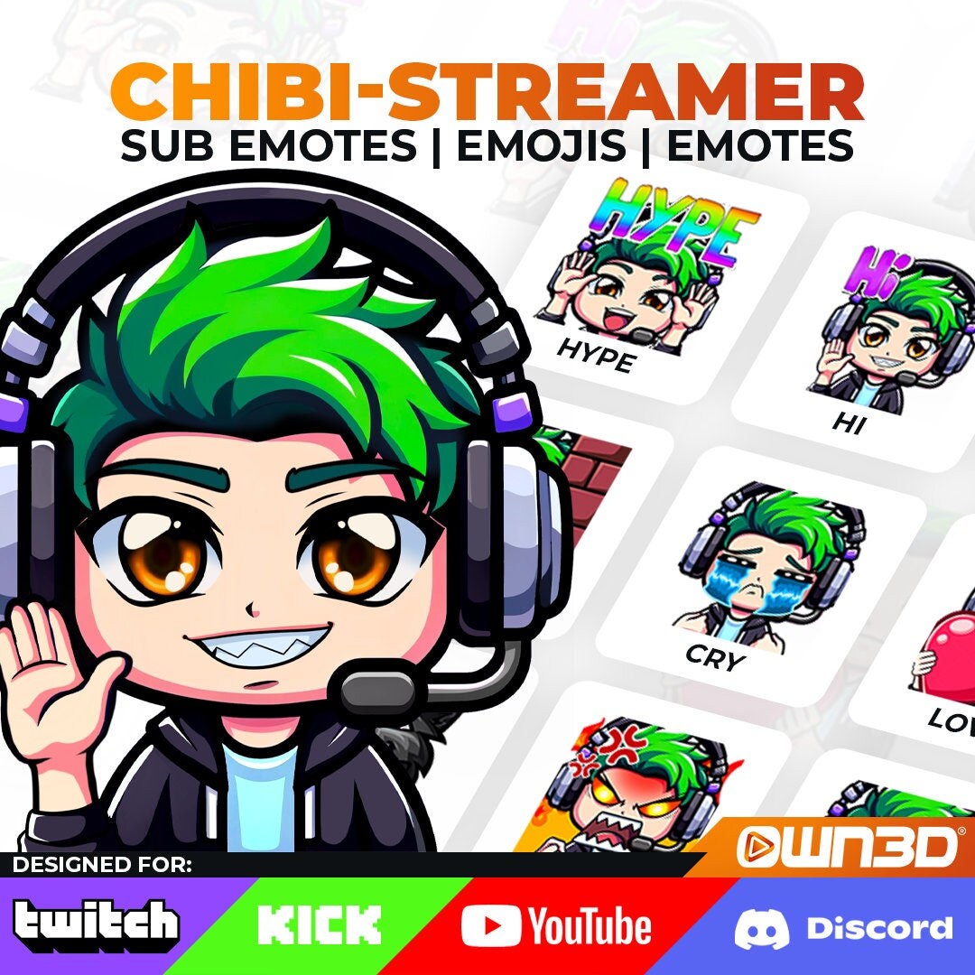 Streamer Chibi Green Sub Emotes 8 Pack twitch Kick Youtube Discord - Etsy