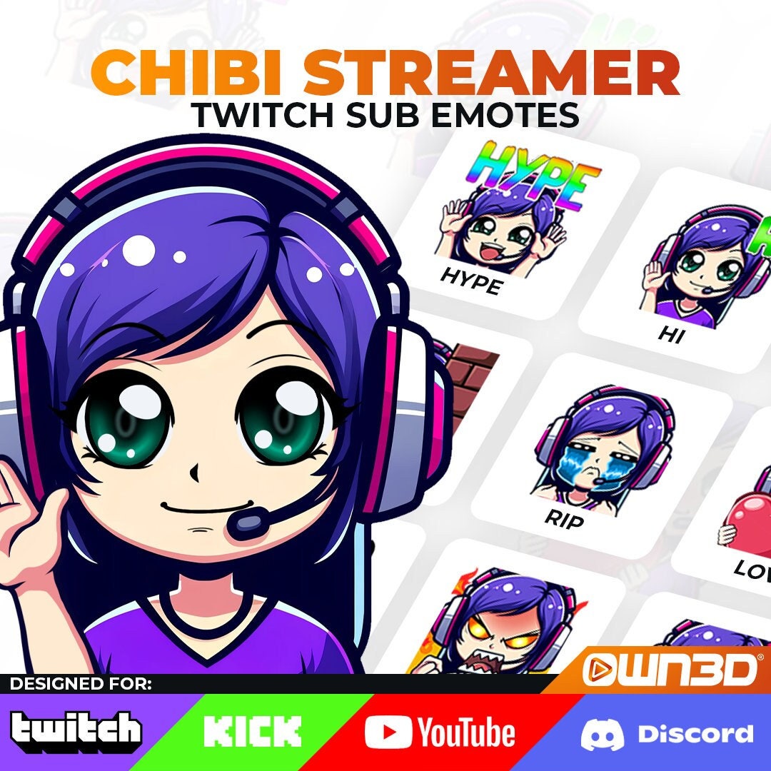 Streamer Chibi Violet Sub Emotes - 8 Pack [twitch | Kick | Youtube ...