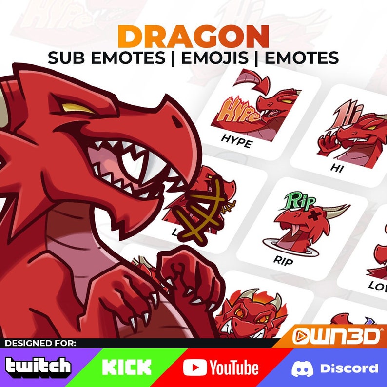 Dragon Emotes 8 Pack twitch Kick Youtube Discord - Etsy