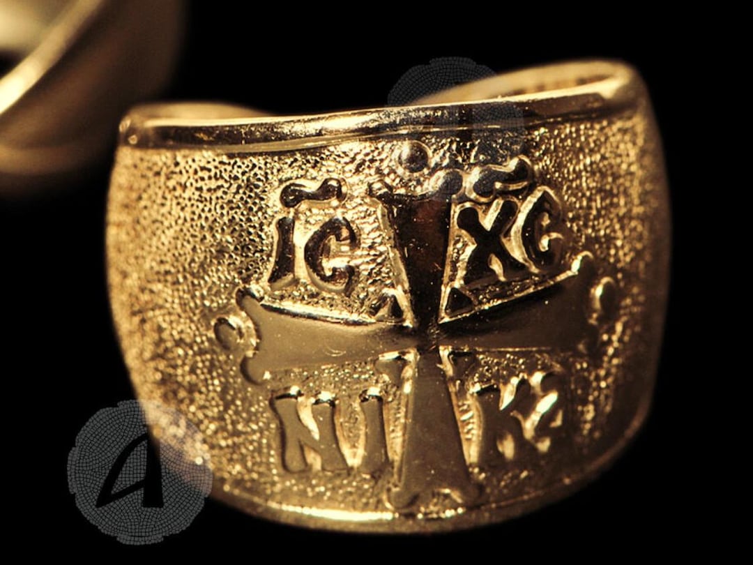 Ring Engraved ICXC NIKA Byzantine Greek Hand Silver 925 Gold Plated ...