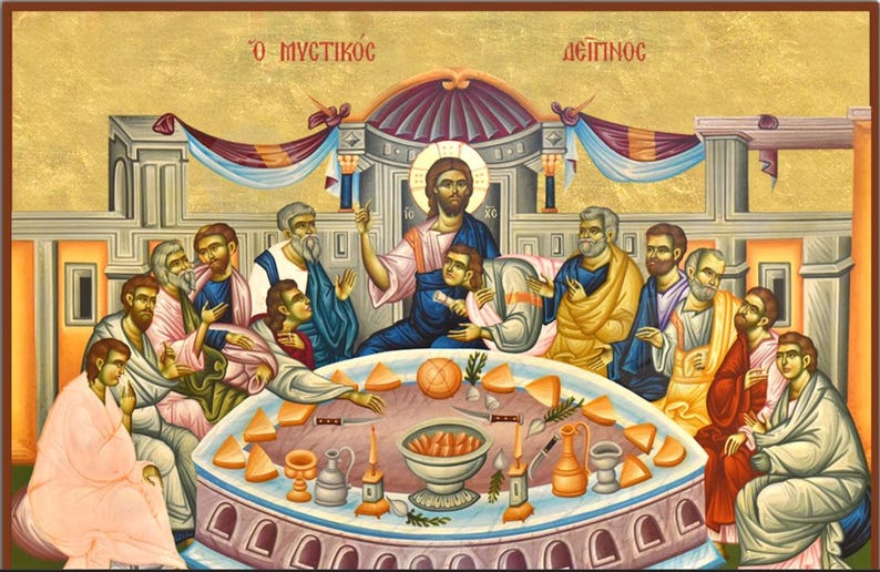 Last Supper Greek Handmade Icons on Natural Wood Mount Athos Pure Gold ...