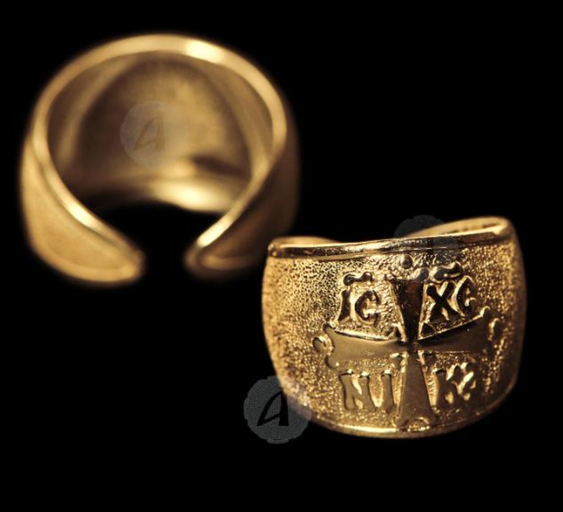 Ring Engraved ICXC NIKA Byzantine Greek Hand Silver 925 Gold Plated ...