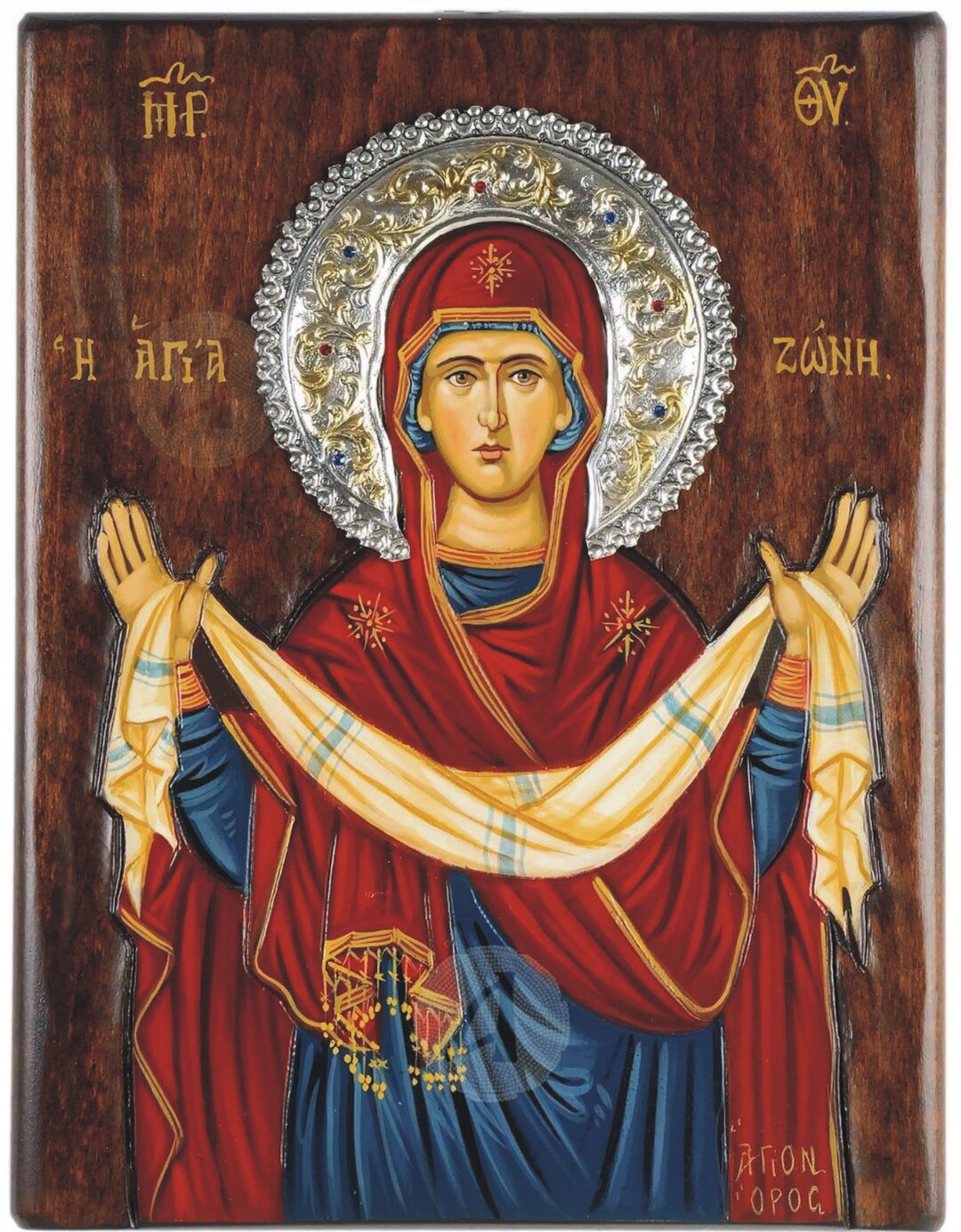 Virgin Mary (agia Zoni) Holy Belt Hagiography Handmade Icon + 925silver ...