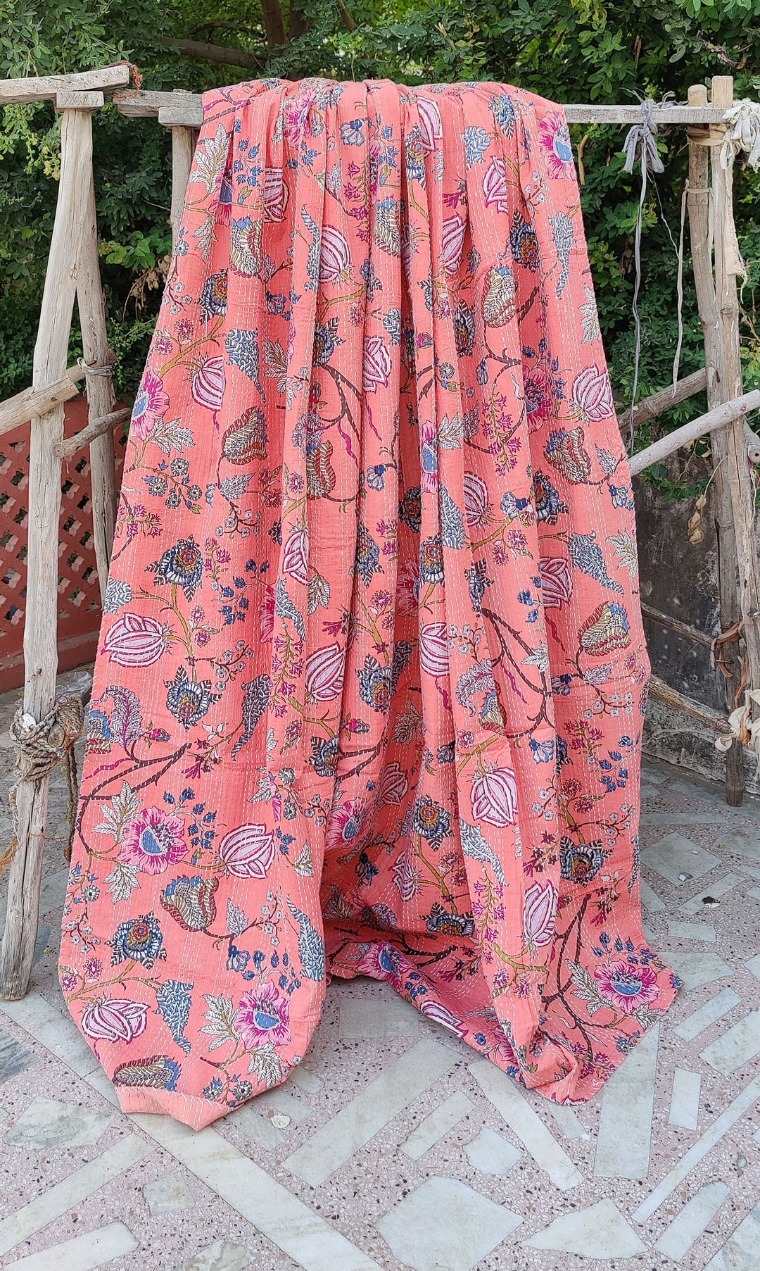 Floral Print Quilt Queen Kantha Quilt Peach Quilt Kantha Bedspread ...